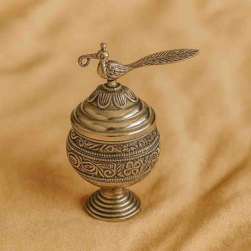 Peacock Charm Silver Sindoor Dibbi with Antique Design